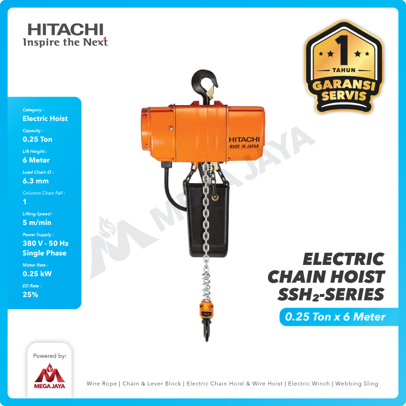 Dapatkan Produk Electric Chain Hoist 3F Hitachi 1/4 SH2 0,25 T x 6 M ...