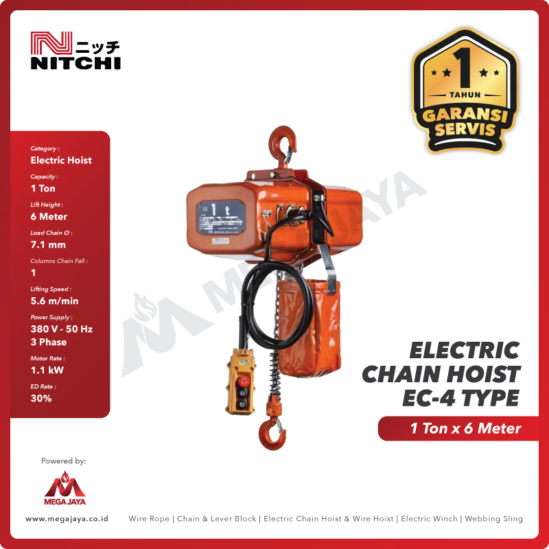 Dapatkan Produk Electric Chain Hoist 3F Nitchi EC40100 1 T x 6 M Harga ...
