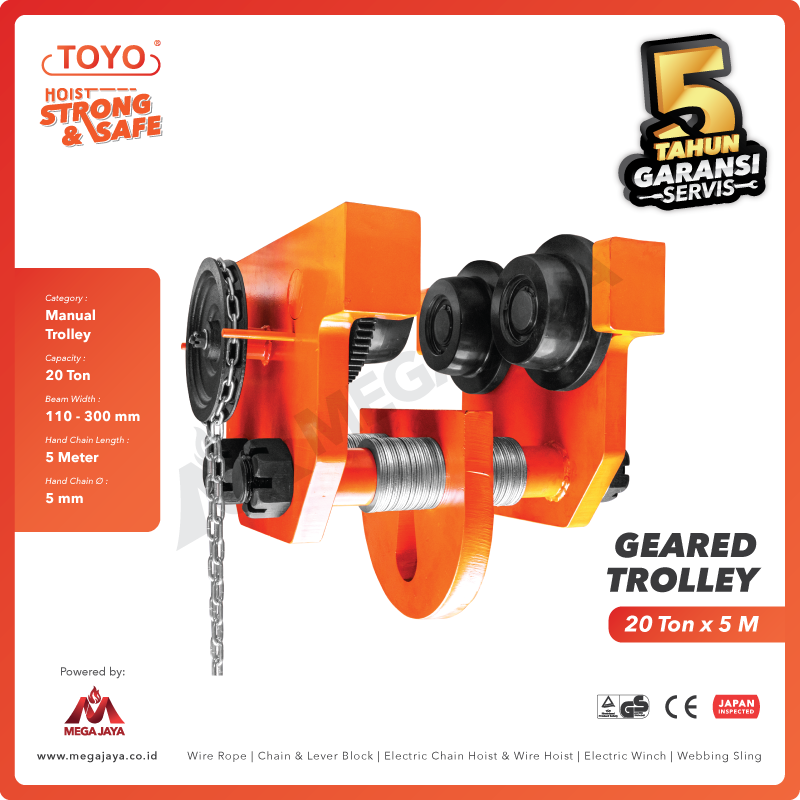 Dapatkan Produk Geared Trolley Toyo GCL 20 Ton x 5 Meter (New) Harga Terjangkau
