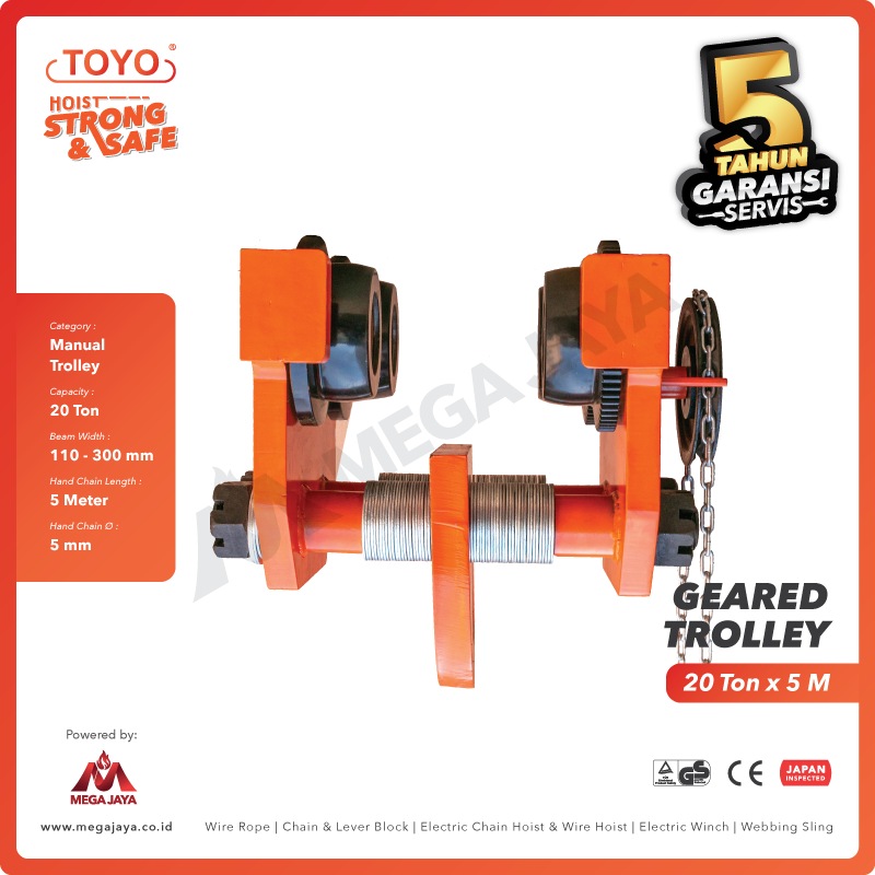 Dapatkan Produk Geared Trolley Toyo GCL 20 Ton x 5 Meter (New) Harga Terjangkau