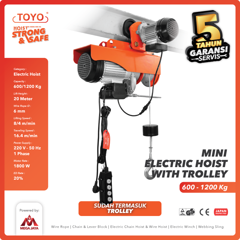 Dapatkan Produk Mini Electric Hoist 1F Toyo Set 600-1200 Kg x 20 Meter ...