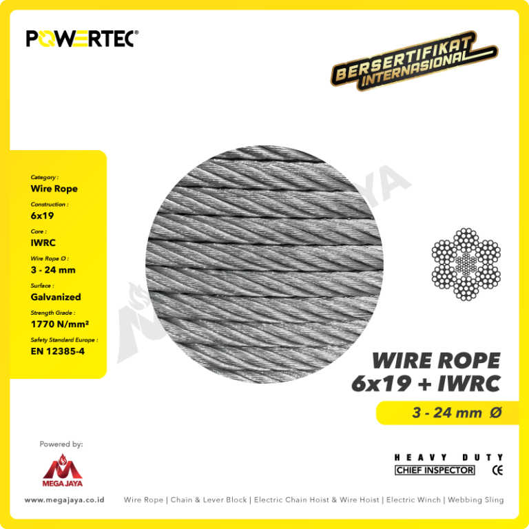 Jual Wire Rope 16mm 6×19 IWRC Galv Merek Powertec
