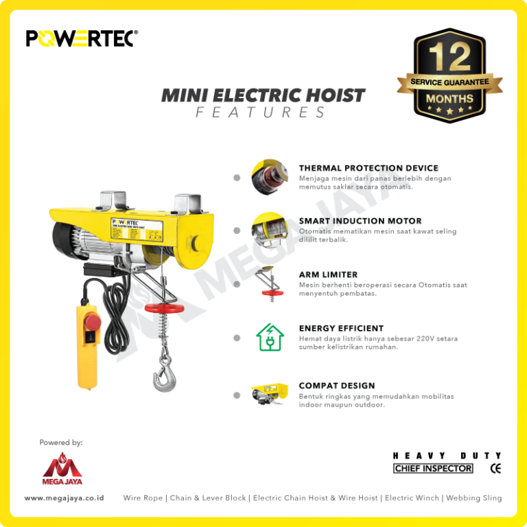 Dapatkan Produk Mini Electric Hoist 1F Merek Powertec 150-300 Kg x 20 ...