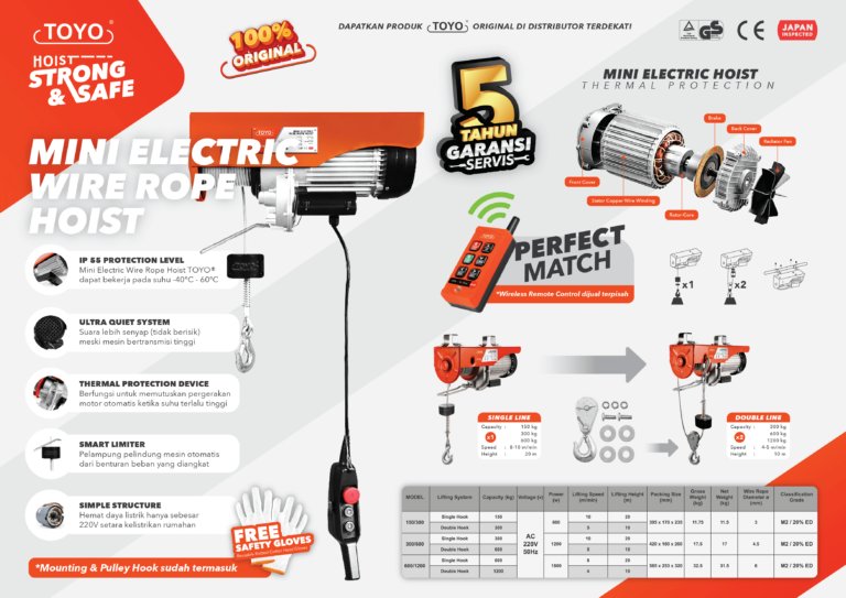 Dapatkan Produk Mini Electric Hoist 1F Toyo Set 600-1200 Kg x 20 Meter ...